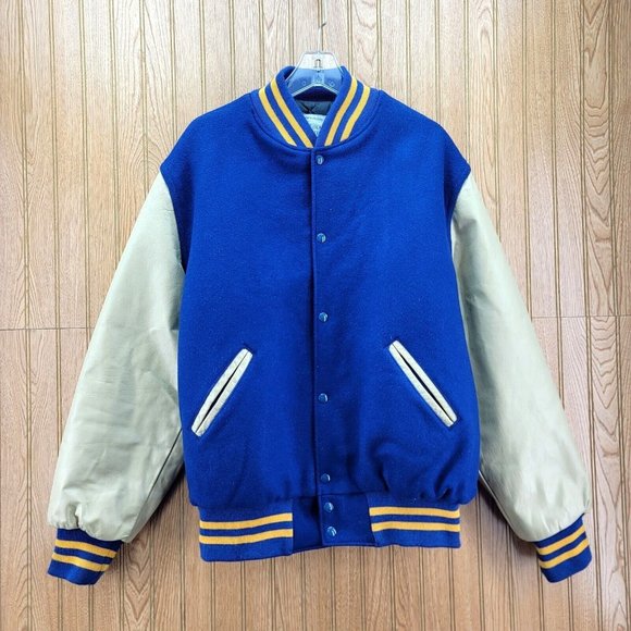 Holloway | Jackets & Coats | Vintage Letterman Varsity Jacket Xl Xlarge Blue Wool Beige Leather ...